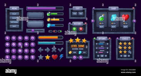 Stone Game Interface Buttons Menu Panels And Bars Vector Cartoon