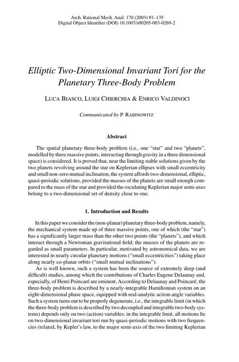 Pdf Elliptic Two Dimensional Invariant Tori For The Planetary Three Body Problem