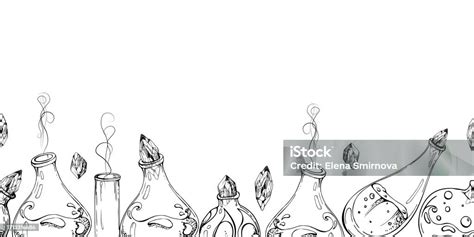 손으로 그린 잉크 벡터 유리 유리병 항아리 크리스탈 물약 할로윈 파티 요술을 위한 스케치 일러스트레이션 아트 격리된 이음매 없는 배너 디자인 상점 로고 인쇄물 웹 사이트