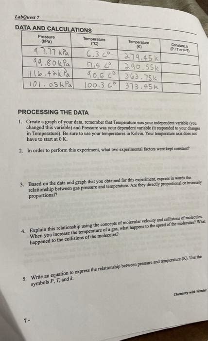 solved labquest 7 data and calculations pressure temperature