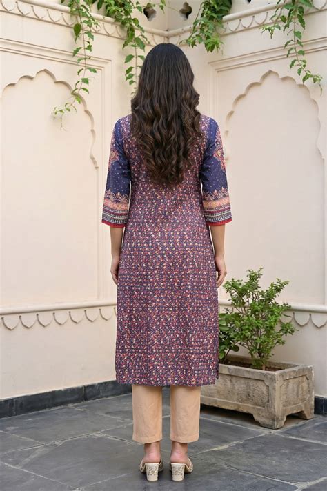 Buy Navy Blue Floral Printed Foil Print Pintucks Pure Cotton Straight