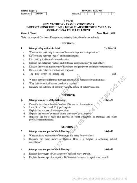 Btech Oe 6 Sem Understanding The Human Being Koe 069 2023 Pdf