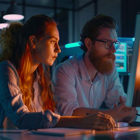 Closeup Of Computer Programmers Discussing Over Computer Monitor In