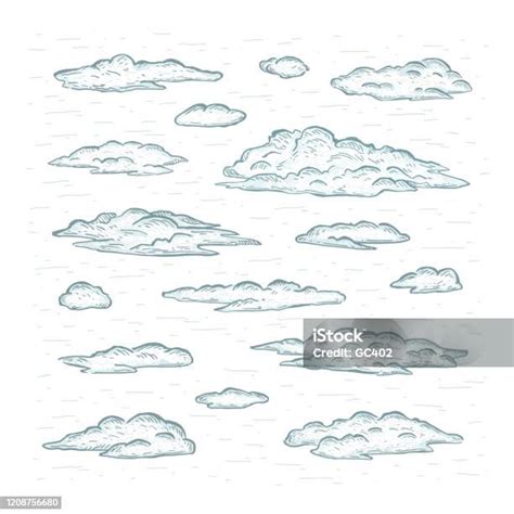 흰색 배경에 격리 손으로 그린 그래픽 파란색 구름의 스케치 벡터 세트 0명에 대한 스톡 벡터 아트 및 기타 이미지 0명 개체 그룹 고전 양식 Istock