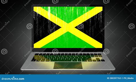 jamaica country flag and binary code on laptop screen stock