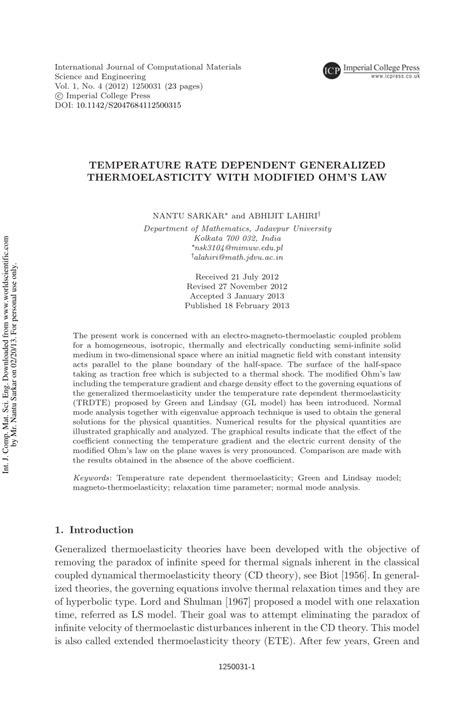 Pdf Temperature Rate Dependent Generalized Thermoelasticity With Modified Ohms Law