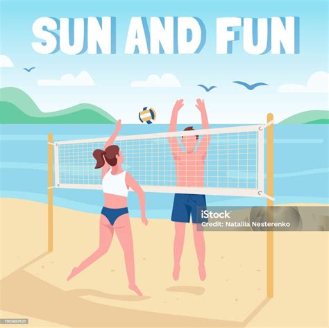 비치 발리볼 소셜 미디어 포스트 모형을 연주 하는 친구 태양과 재미있는 문구 웹 배너 디자인 템플릿입니다 비문이 있는 부스터