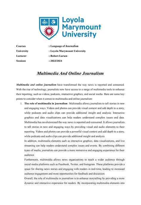 Multimedia And Online Journalism Courses Language Of Journalism University Loyola