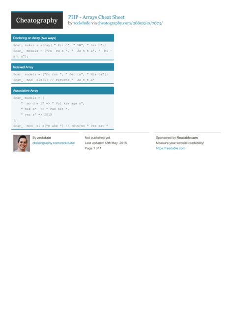 Php Arrays Cheat Sheet By Zeckdude Download Free From Cheatography Cheat