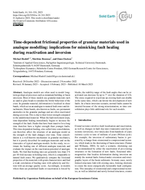 Pdf Time Dependent Frictional Properties Of Granular Materials Used In Analogue Modelling
