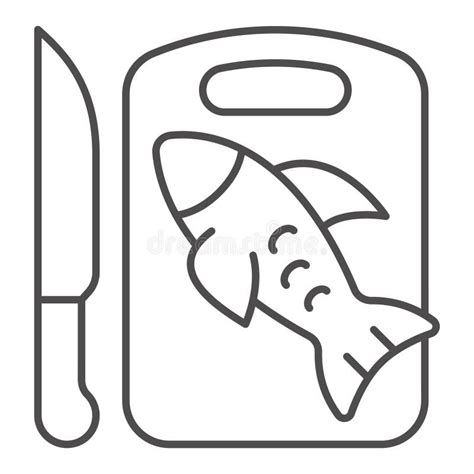Fish On Cutting Board And Knife Thin Line Icon Fishery Cooking Concept
