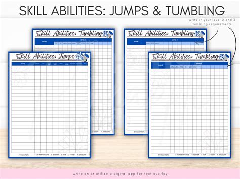 Printable Cheer Progress Skills Goals Tumbling Evaluation Jump Sheets Cheerleading Squad