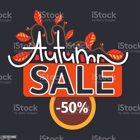 가 판매입니다 가 할인 다채로운 잎으로 분기 합니다 귀여운 크리에이 티브 손 그려진된 글자 빨간색 한 단풍 계절 디자인입니다 전단지 광고 배너 간판 가을에 대한 스톡 벡터