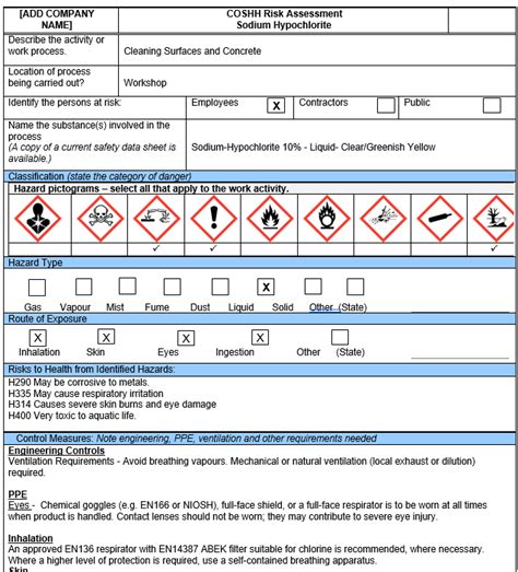 Sodium Hypochlorite Coshh Assessment Plus Cpd Training