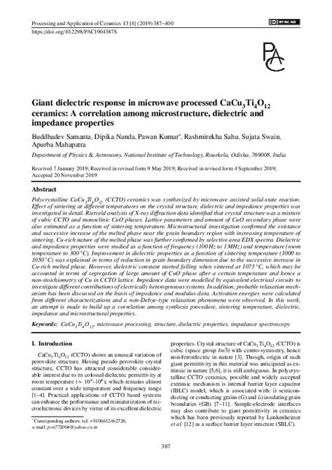 Pdf Giant Dielectric Response In Microwave Processed Cacu3ti4o12 Ceramics A Correlation Among
