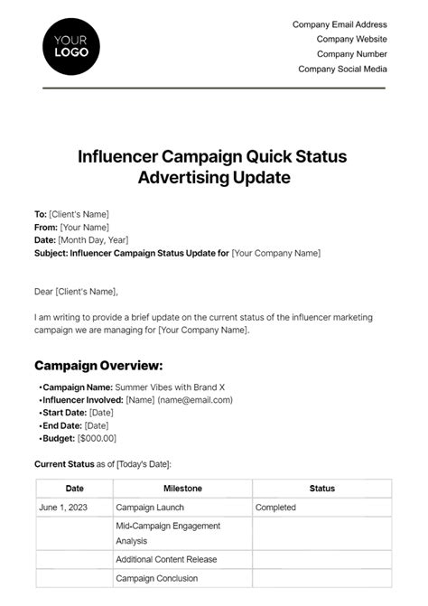 Free Influencer Campaign Quick Status Advertising Update Template To