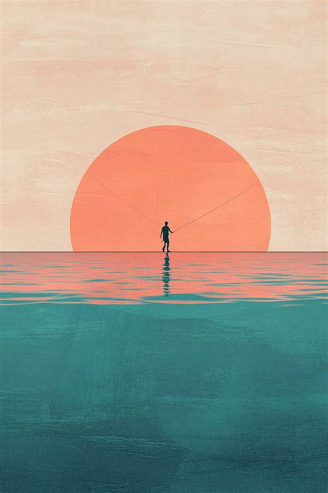 미니멀리스트 스웨덴 선 아트 포스터 저녁 노을 속에서 작은 인물이 바다 위의 줄타기를 걷고 있다