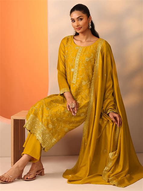 Buy Mustard Embroidered Silk Blend Straight Suit Set With Dupatta Online At 43 00 Libas