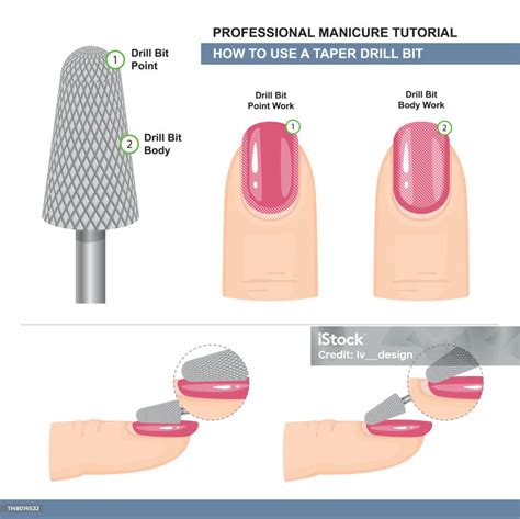 전문 매니큐어 자습서 연 삭 및 연마 테이퍼 드릴 비트를 사용 하는 방법 매니큐어를 위한 밀링 커터 벡터 일러스트 손톱에 대한 스톡 벡터 아트 및 기타 이미지 Istock