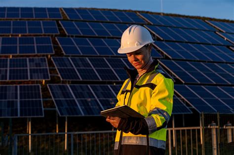 태양 전지 패널을 유지 관리하는 디지털 태블릿을 사용하는 여성 엔지니어 태양전지판에 대한 스톡 사진 및 기타 이미지 태양전지판 25 29세 40 44세 Istock