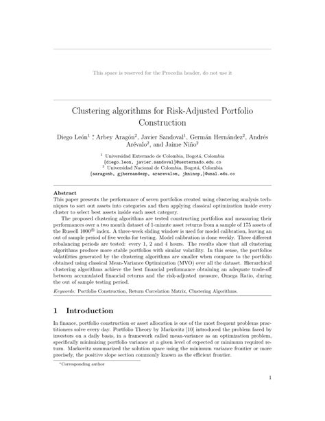 Pdf Clustering Algorithms For Risk Adjusted Portfolio Construction