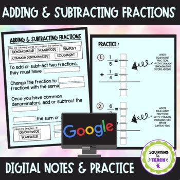 Adding Subtracting Fractions Mixed Numbers Digital Notes Practice