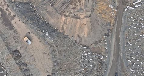 Aerial View Of The Open Pit Loader Loading Gravel Into Stone Jaw