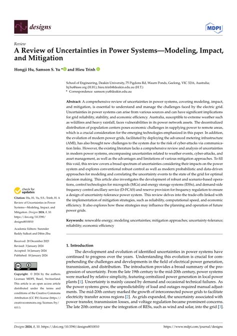PDF A Review Of Uncertainties In Power SystemsModeling Impact And Mitigation