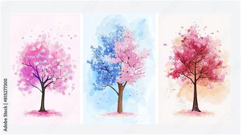 Cherry Blossom Tree Flat Design Side View Tree Theme Water Color Triadic Color Scheme Stock