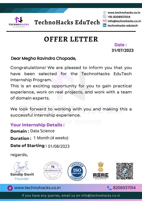 Megha Chopade On Linkedin Intership Datascience Work Offerletter Development Opportunity