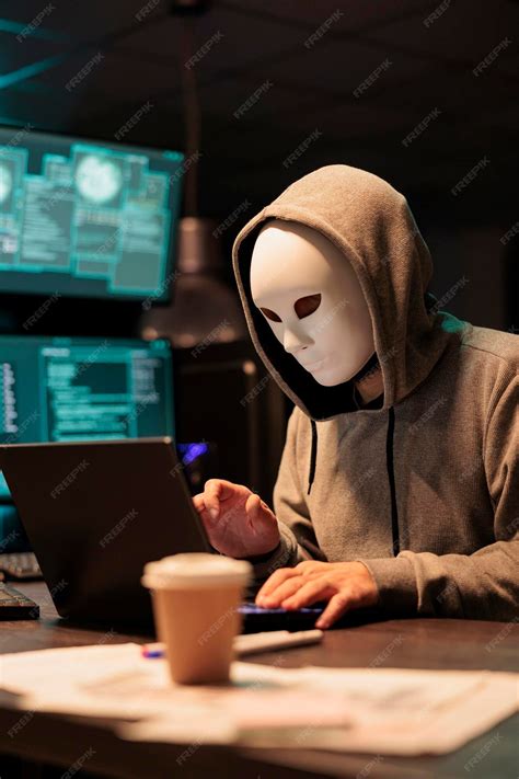 Ladrón Enmascarado Peligroso Instalando Virus Para Hackear El Sistema En La Computadora
