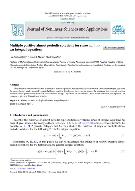 Pdf Multiple Positive Almost Periodic Solutions For Some Nonlinear Integral Equations