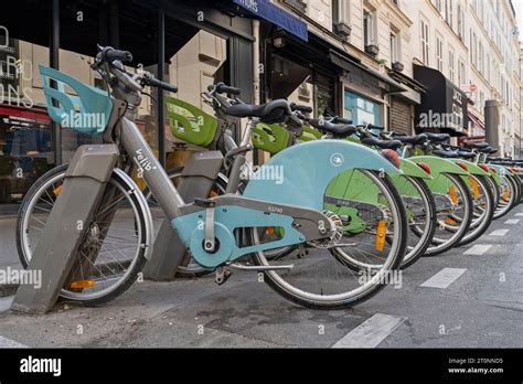 Velib Bike Rental Docking Station Bicycle Sharing System Bicycles Locked Parked In A Row