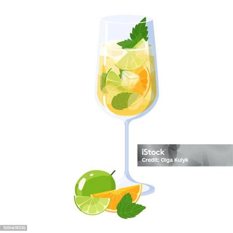 휴고는 라임 오렌지 슬라이스 민트 잎 벡터를 흰색 배경에 분리한 칵테일을 뿌린다 여름 알코올 음료 이탈리안 아페리티프는 얼음 조각 리큐어 프로세코 탄산수 등을 곁들입니다