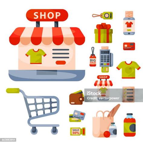 고객 카트 바구니 음식과 상업 제품 절연된 벡터 일러스트와 함께 슈퍼마켓 식료품 쇼핑 복고 만화 아이콘 설정 개념에 대한 스톡