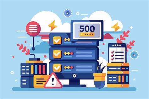 A Colorful Illustration Depicts A 500 Internal Server Error With Various Server Racks A Warning