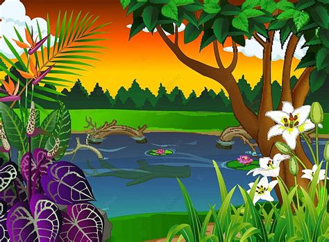 Scenic Cartoon Illustration Of A Gorgeous Lake View With Lush Trees And