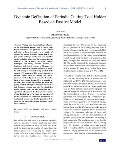 Pdf Dynamic Deflection Of Periodic Cutting Tool Holder Based On Passive Model Yaser Hadi
