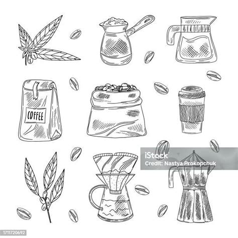 커피 세트 격리 된 커피 요소 프렌치 프레스 커피 머신 머그잔 컵 우유 피처 주전자 벡터 그림 갈색에 대한 스톡 벡터 아트 및 기타 이미지 Istock