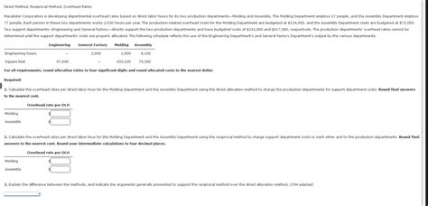 Solved Direct Method Reciprocal Method Overhead Rates For