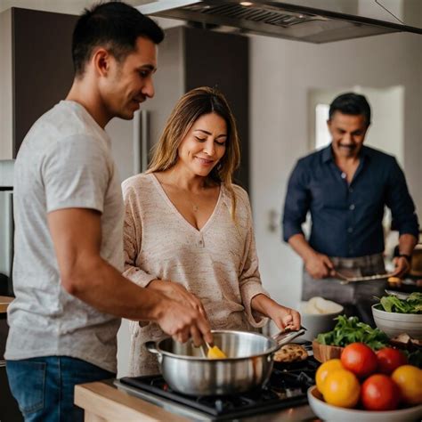 Premium Photo Wife Is Cooking While Husband Is Standing Next To Her
