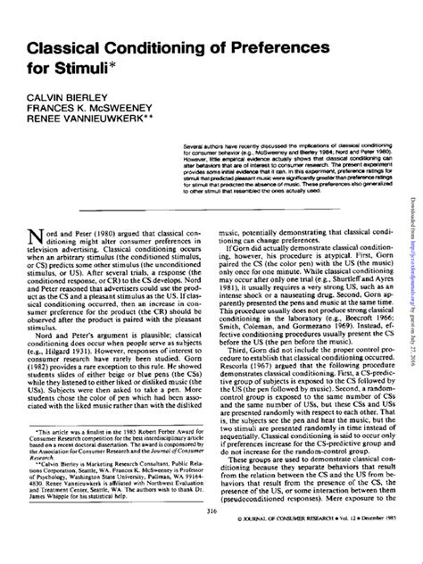 Bierley1985 Classical Conditioning Of Preferences For Stimuli Pdf Classical Conditioning