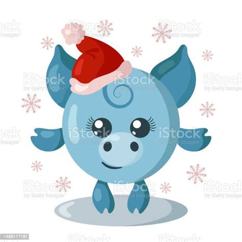 크리스마스 모자를 쓰고 그림자가 있는 플랫 디자인의 눈송이로 둥근 몸통을 둘러싼 재미있는 귀여운 카와이 돼지 0명에 대한 스톡 벡터 아트 및 기타 이미지 Istock