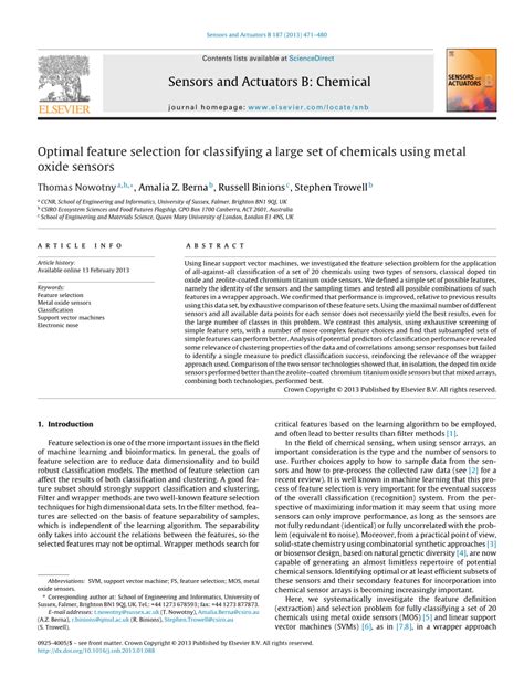 Pdf Optimal Feature Selection For Classifying A Large Set Of Chemicals Using Metal Oxide Sensors
