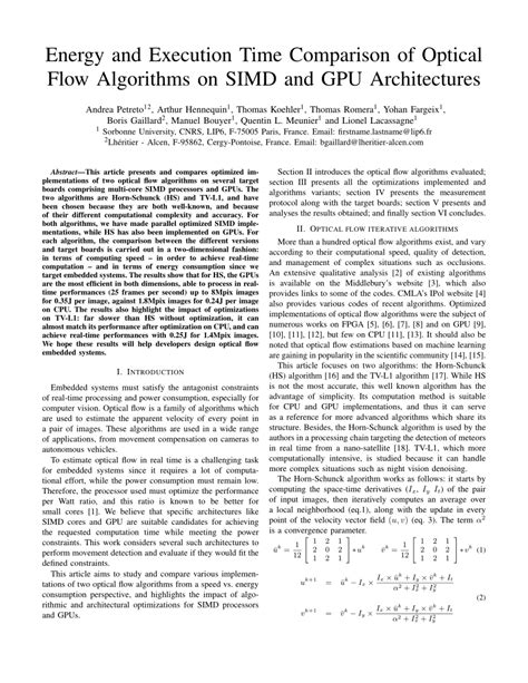 Pdf Energy And Execution Time Comparison Of Optical Flow Algorithms On Simd And Gpu Architectures