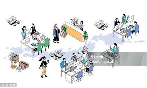 아이소메트릭 컴포지션 Ai 로봇과 일본에서 일하는 사람들의 일러스트레이션 사무실에 대한 스톡 벡터 아트 및 기타 이미지 사무실 비즈니스 등측투영법 Istock