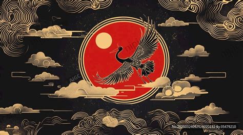 Ai创作图红日仙鹤舞 中国风 云纹 太阳 仙鹤 黑色背景 红色圆形 金色线条 传统图案 东方美学 昵图网