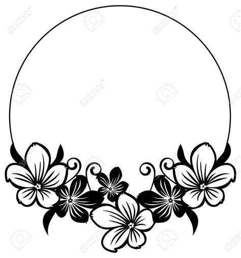 Black And White Round Frame With Abstract Flowers Silhouettes