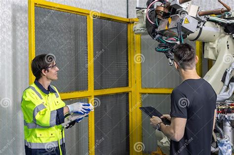 Technician Engineer Using Laptop Control Automation Robotics At Industrial Modern Lab Factory
