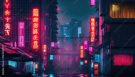Cyberpunk Futuristic Tokyo City At Might With Japanese Neon Signs Stock